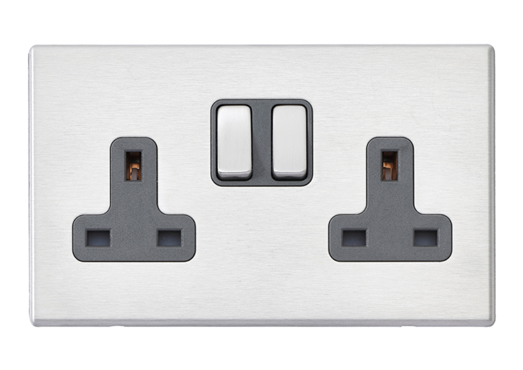 Hamilton Hartland G2 Satin Steel 2 Gang 13A Double Pole Switched Socket ...