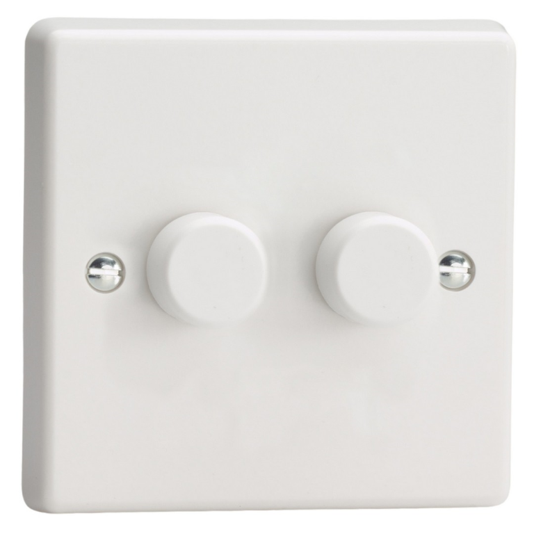 Varilight V-Dim White 2 Gang 2 Way 40-250W Push-On/Off Rotary Dimmer | UKES