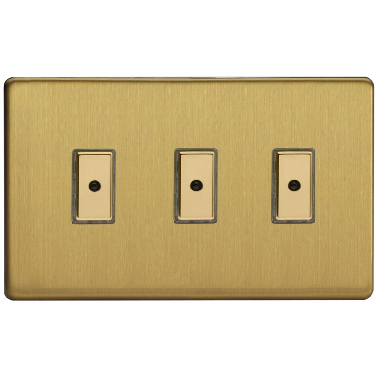 Varilight Screwless V-Pro Multi-Point Brushed Brass 3-Gang 1-Way 0-100W ...