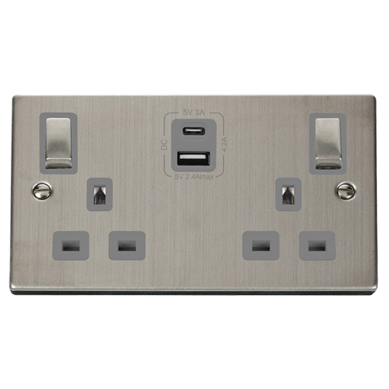 Click Deco Victorian Stainless Steel 2 Gang 13A Ingot Switched Safety ...