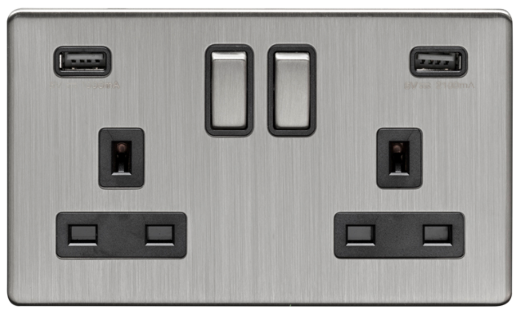 Eurolite Concealed 6mm Satin Nickel 2 Gang 13A Switched Socket with ...
