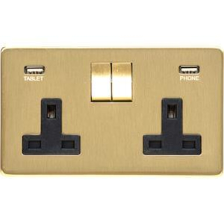 Heritage Brass Studio Satin Brass 13A Double Socket and Dual USB ...