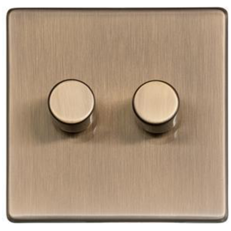 Heritage Brass Studio Antique Brass 2 Gang Trailing Edge LED Dimmer with Antique Brass Switch | UKES