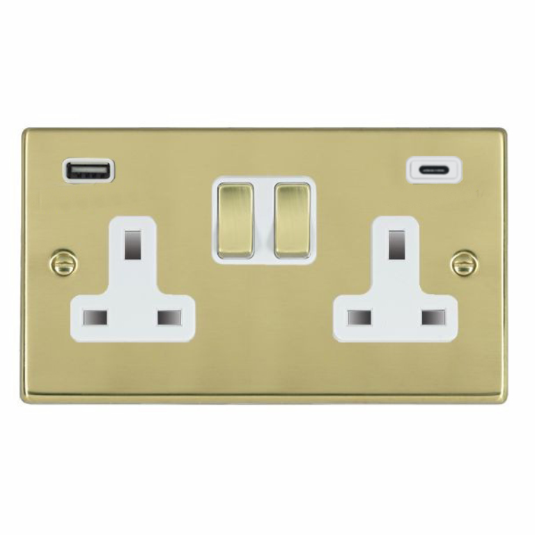 Hamilton Hartland Polished Brass 2 Gang 13A Double Pole Switched Socket, 2.4A USB Type-A and 2 ...