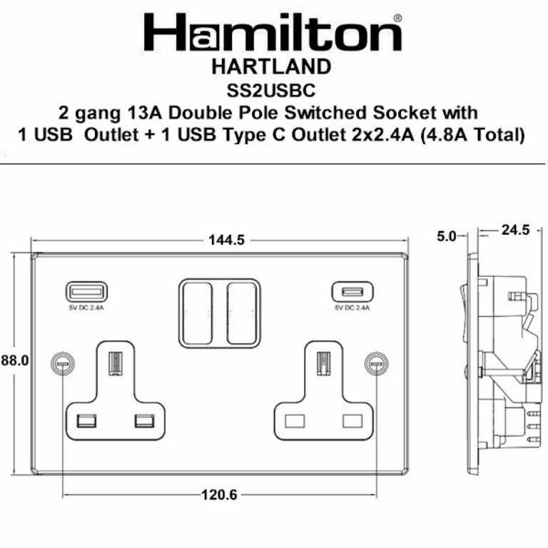 Hamilton Hartland Satin Brass 2 Gang 13A Double Pole Switched Socket, 2 ...