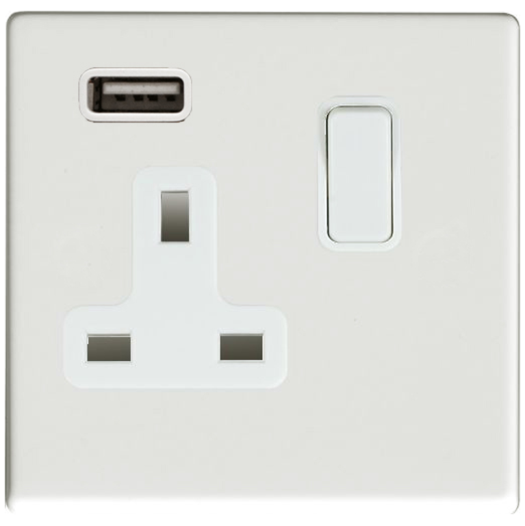Hamilton Hartland CFX Primed White 1 Gang 13A Single Pole Switched Socket and 2.1A USB Type-A ...