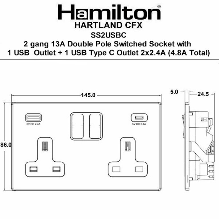 Hamilton Hartland CFX Primed White 2 Gang 13A Double Pole Switched Socket, 2.4A USB Type-A and 2 ...