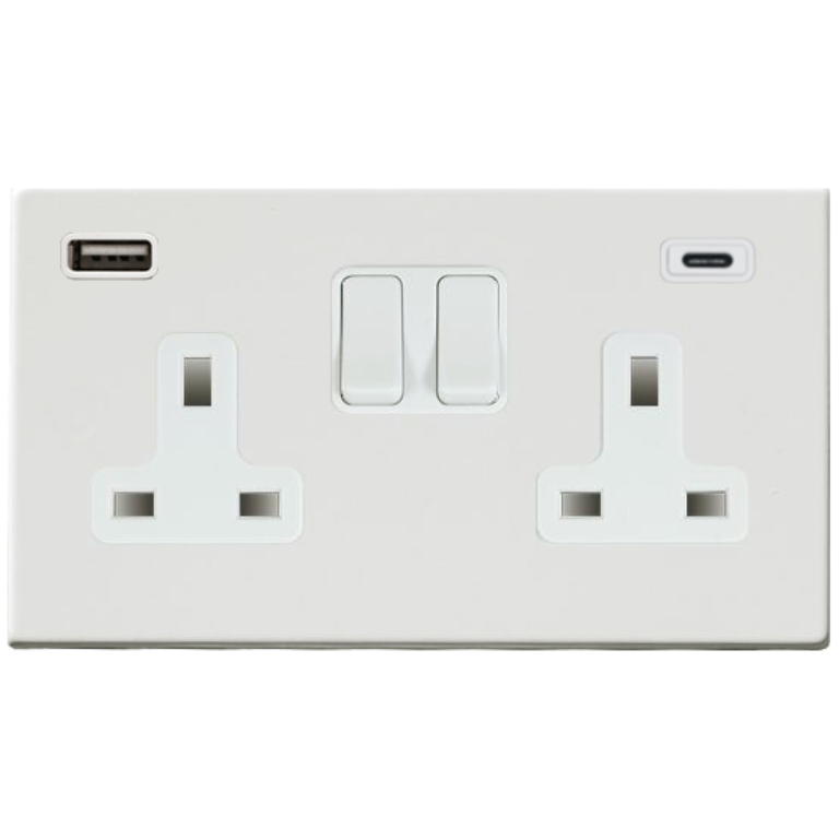 Hamilton Hartland CFX Primed White 2 Gang 13A Double Pole Switched Socket, 2.4A USB Type-A and 2 ...