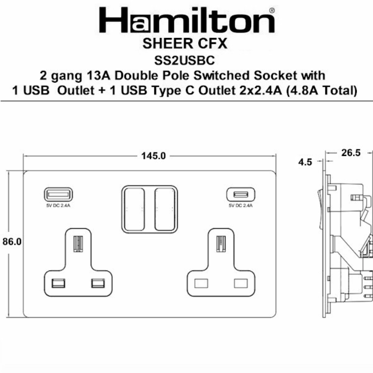 Hamilton Sheer CFX Primed White 2 Gang 13A Double Pole Switched Socket, 2.4A USB Type-A and 2.4A ...