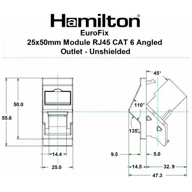 Hamilton EuroFix Black 25x50mm Unshielded Angled RJ45 CAT 6 Module | UKES