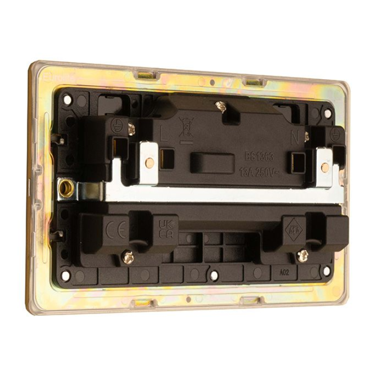 Eurolite Concealed 3mm Satin Brass 2 Gang 13A Double Pole Switched Socket | UKES