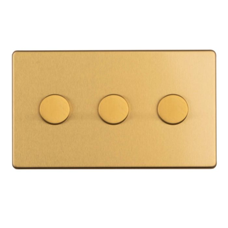 Eurolite Concealed 3mm Satin Brass 3 Gang LED Dimmer Switch | UKES