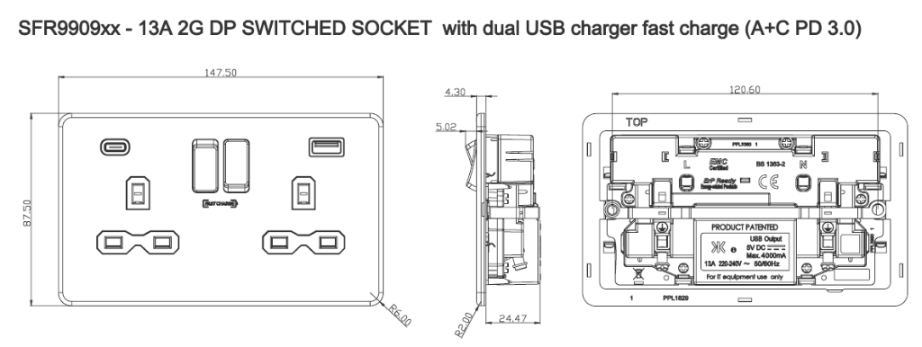 Knightsbridge Screwless Smoked Bronze 13A 2 Gang Double Pole Switched ...