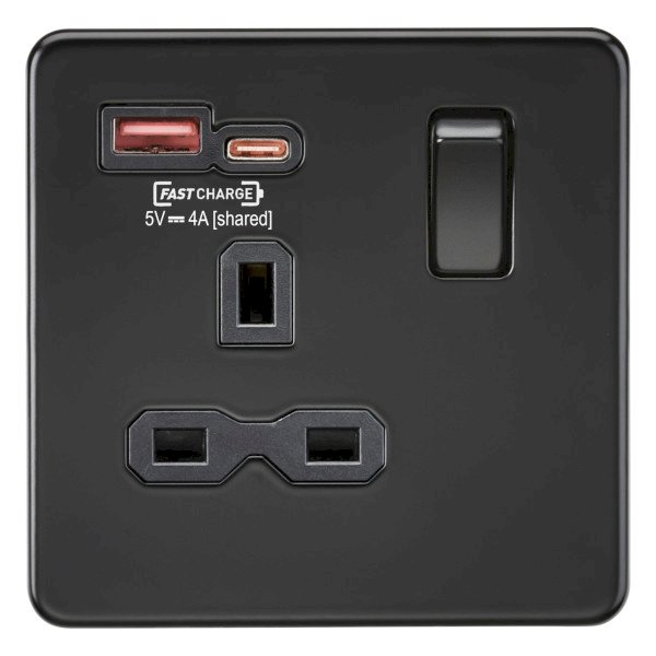 Knightsbridge 1 Gang Socket, Dual FASTCHARGE USB (SFR9919MBB) | UKES