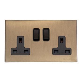 Heritage Brass Windsor Matt Antique Brass 13A Double Socket with Black ...