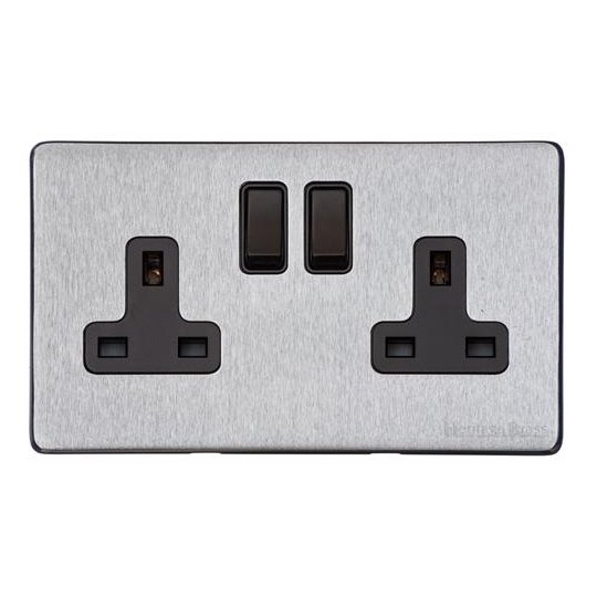 Heritage Brass Vintage Satin Chrome 13A Double Socket with Black ...