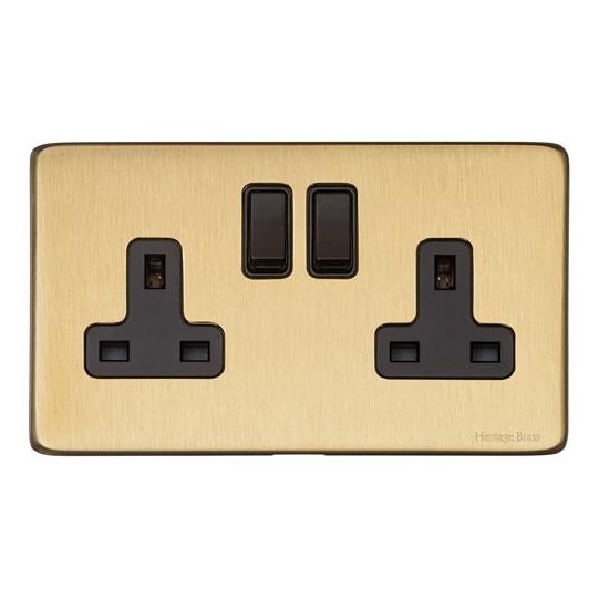 Heritage Brass Vintage Satin Brass 13A Double Socket with Black Plastic ...