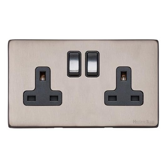 Heritage Brass Vintage Aged Pewter 13A Double Socket with Black Plastic ...