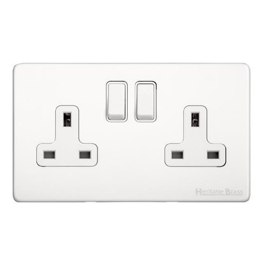 Heritage Brass Vintage Gloss White 13A Double Socket with White Plastic ...