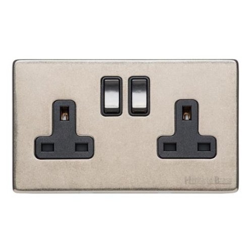 Heritage Brass Vintage Rustic Nickel 13A Double Socket with Black ...