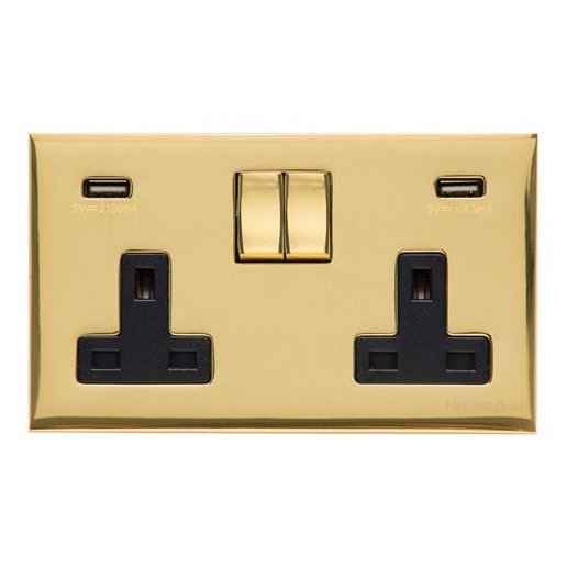 Heritage Brass Winchester Polished Brass 13A Double Socket and Dual USB ...
