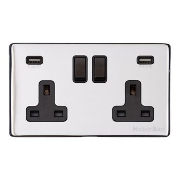 Heritage Brass Vintage Polished Chrome 13A Double Socket and Dual USB ...