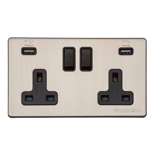 Heritage Brass Vintage Satin Nickel 13A Double Socket and Dual USB ...