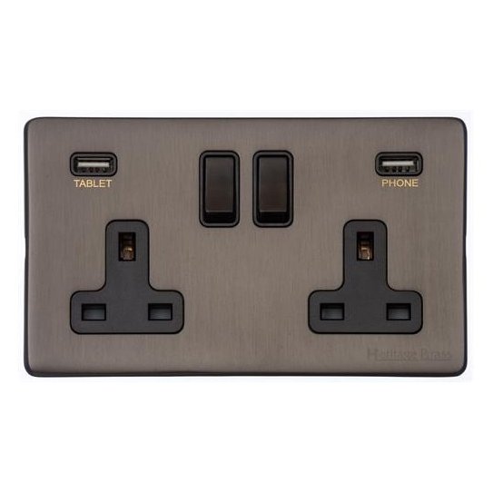 Heritage Brass Vintage Matt Bronze 13A Double Socket and Dual USB ...