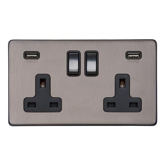 Heritage Brass Vintage Satin Black Nickel 13A Double Socket and Dual ...