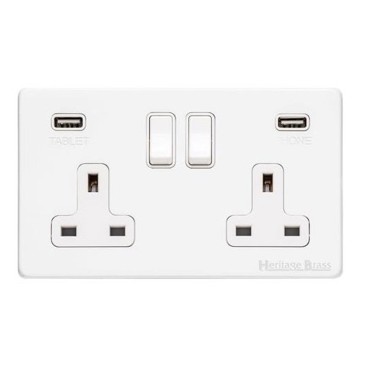 Heritage Brass Vintage Gloss White 13A Double Socket and Dual USB ...