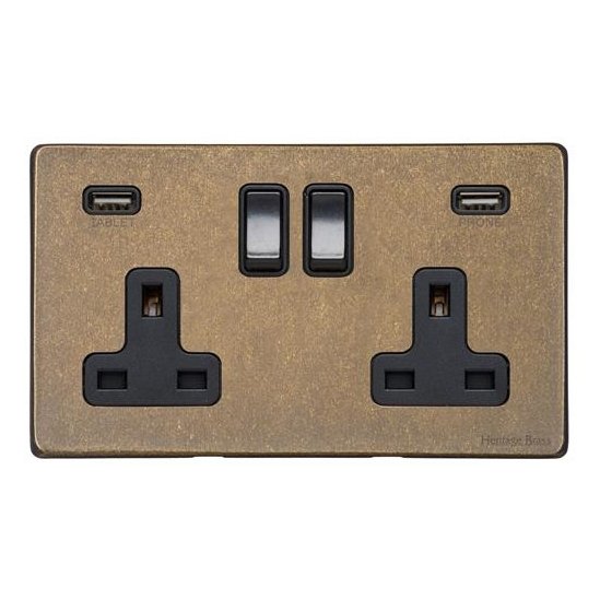 Heritage Brass Vintage Rustic Brass 13A Double Socket and Dual USB ...