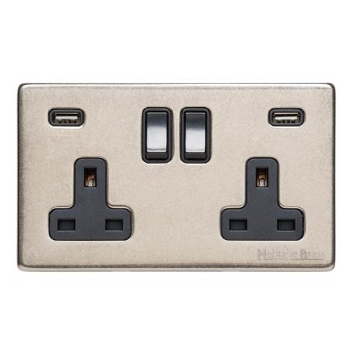 Heritage Brass Vintage Rustic Nickel 13A Double Socket and Dual USB ...