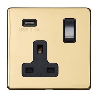 Heritage Brass Vintage Polished Brass 13A Single Socket and USB Outlet ...