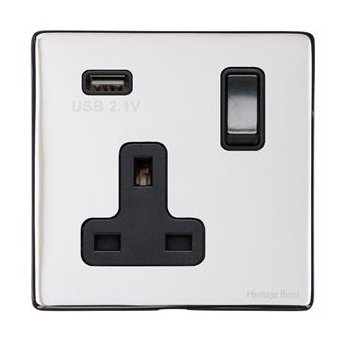 Heritage Brass Vintage Polished Chrome 13A Single Socket and USB Outlet ...