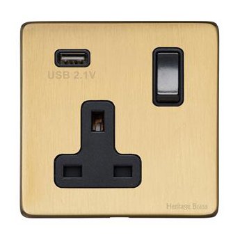 Heritage Brass Vintage Satin Brass 13A Single Socket and USB Outlet ...