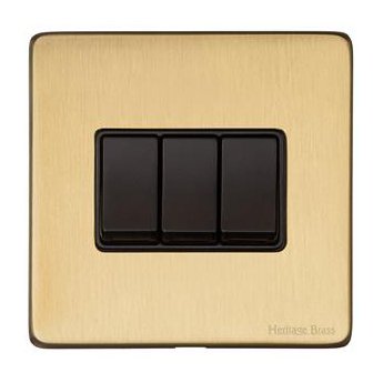 Heritage Brass Vintage Satin Brass 3 Gang 10A Switch with Black Plastic ...