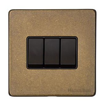 Heritage Brass Vintage Rustic Brass 3 Gang 10A Switch with Black ...