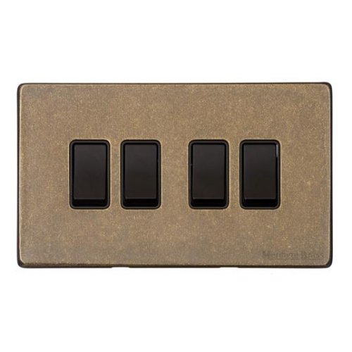 Heritage Brass Vintage Rustic Brass 4 Gang 10A Switch with Black ...