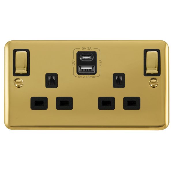 Click Deco Plus Polished Brass 2 Gang 13A Ingot Switched Safety Shutter ...