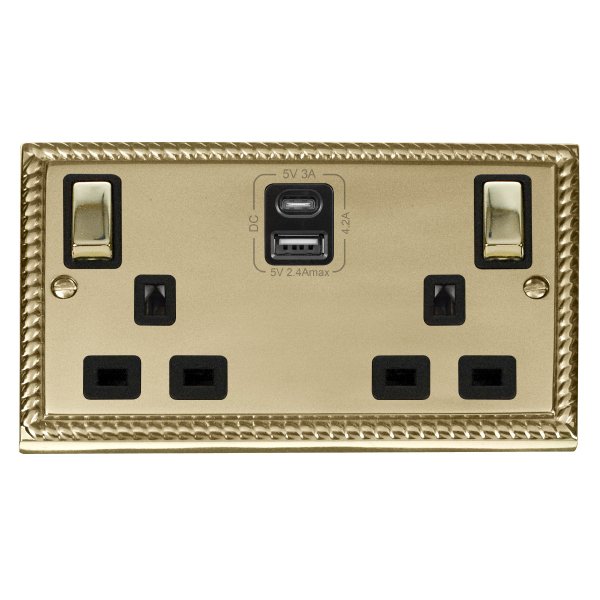 Click Deco Georgian Cast Brass 2 Gang 13A Ingot Switched Safety Shutter ...