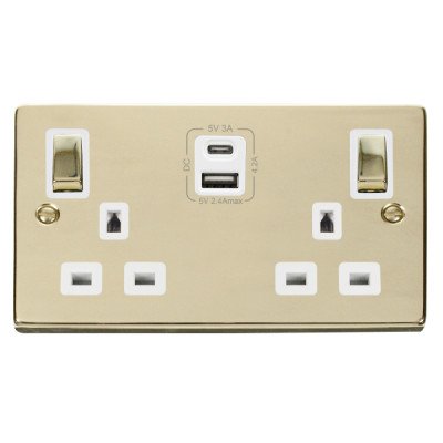 Click 2 Gang 13A Switched Socket with USB Outlets (VPBR586WH) | UKES