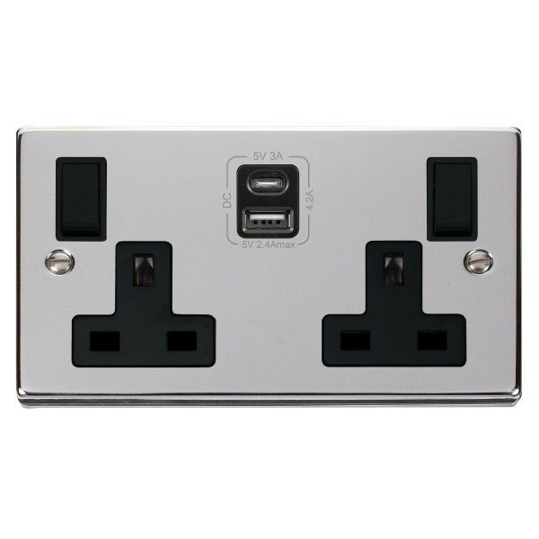 Click Deco Victorian Polished Chrome 2 Gang 13A Switched Safety Shutter ...