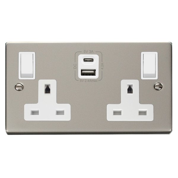 Click 2 Gang 13A Switched Socket with USB Outlets (VPPN786WH) | UKES