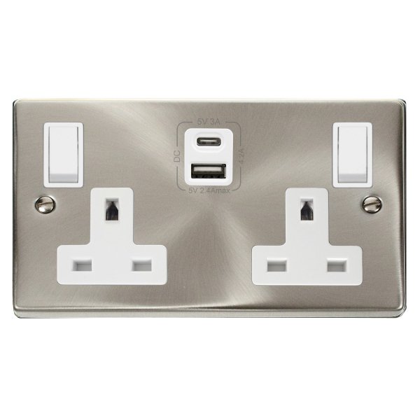 Click Deco Victorian Satin Chrome 2 Gang 13A Switched Safety Shutter Socket with Type A and C ...