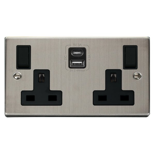Click Deco Victorian Stainless Steel 2 Gang 13A Switched Safety Shutter ...