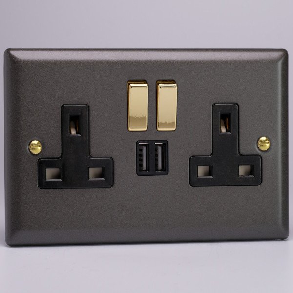 Varilight Vogue Slate Grey 2 Gang 13A Switched Socket, 2x5V DC 2100mA ...