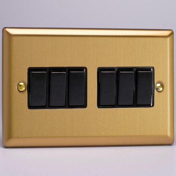 Varilight Classic Brushed Brass 6 Gang 10A Switch with Black Insert | UKES