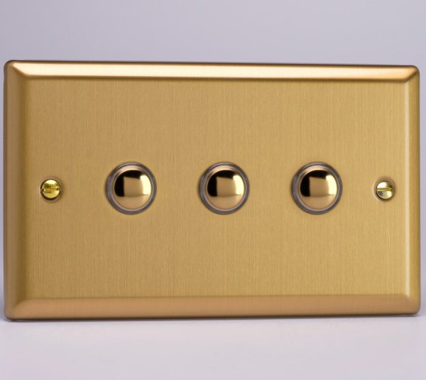 Varilight Classic Brushed Brass 3 Gang 6A 2 Way Push-On/Off Impulse ...