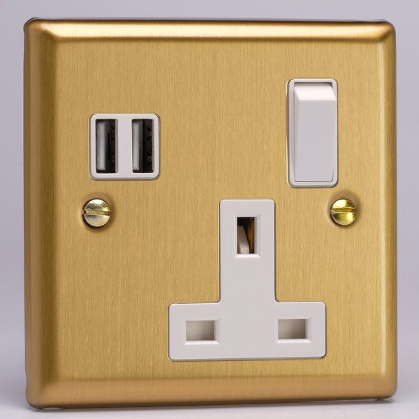 Varilight Classic Brushed Brass 1 Gang 13A Switched Socket with Dual ...
