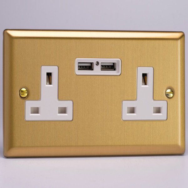 Varilight Classic Brushed Brass 2 Gang 13A Unswitched Socket with Dual ...
